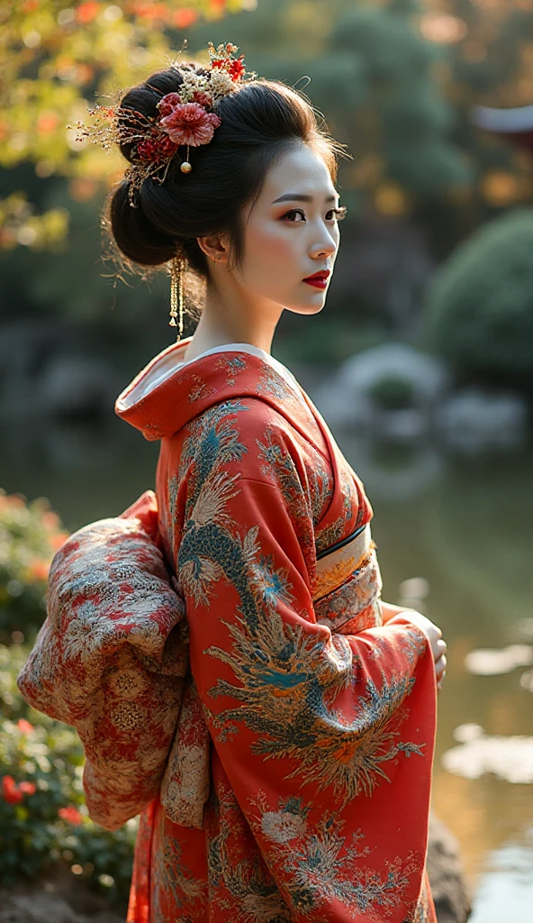 Modern geisha in vibrant kimono, intricate dragon and phoenix ...