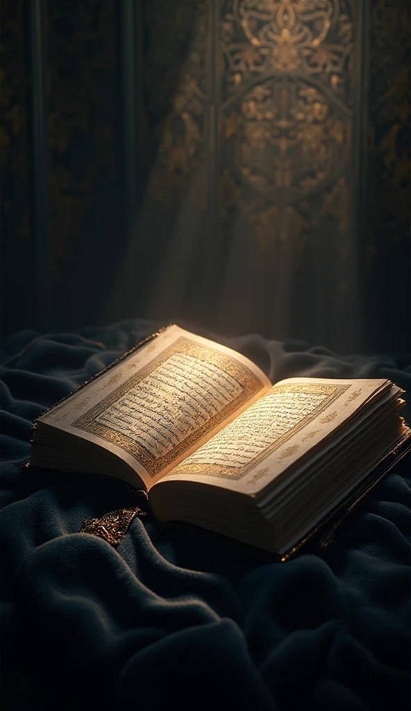An open Quran on a dark velvet cloth, soft light glowing from its pages ...