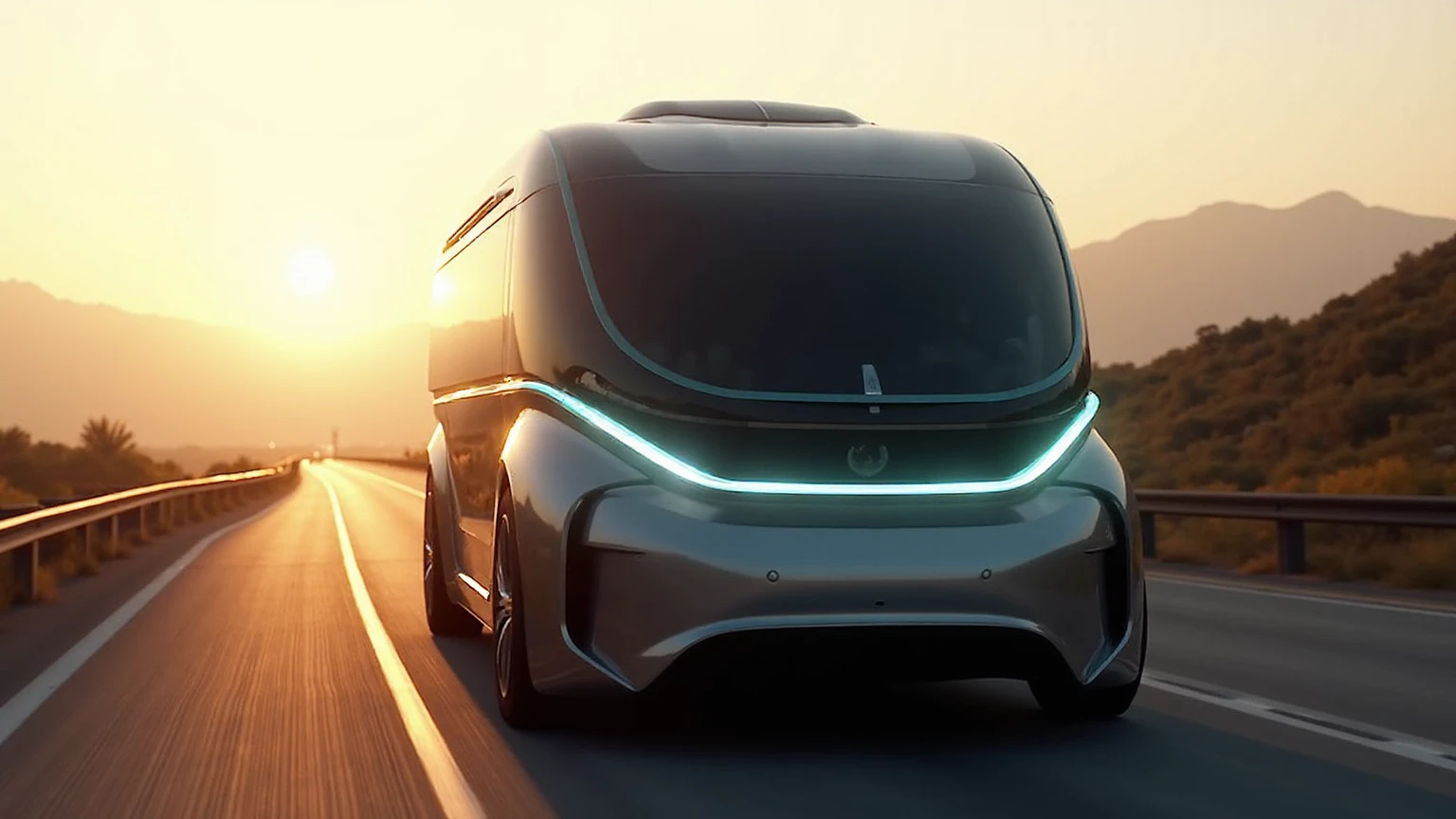 Front view of the Winnebago ERV2 futuristic motorhome driving on a ...