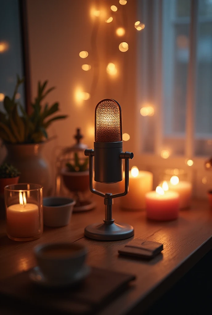 > "A cozy ASMR setup with a soft glowing microphone, fairy lights in ...