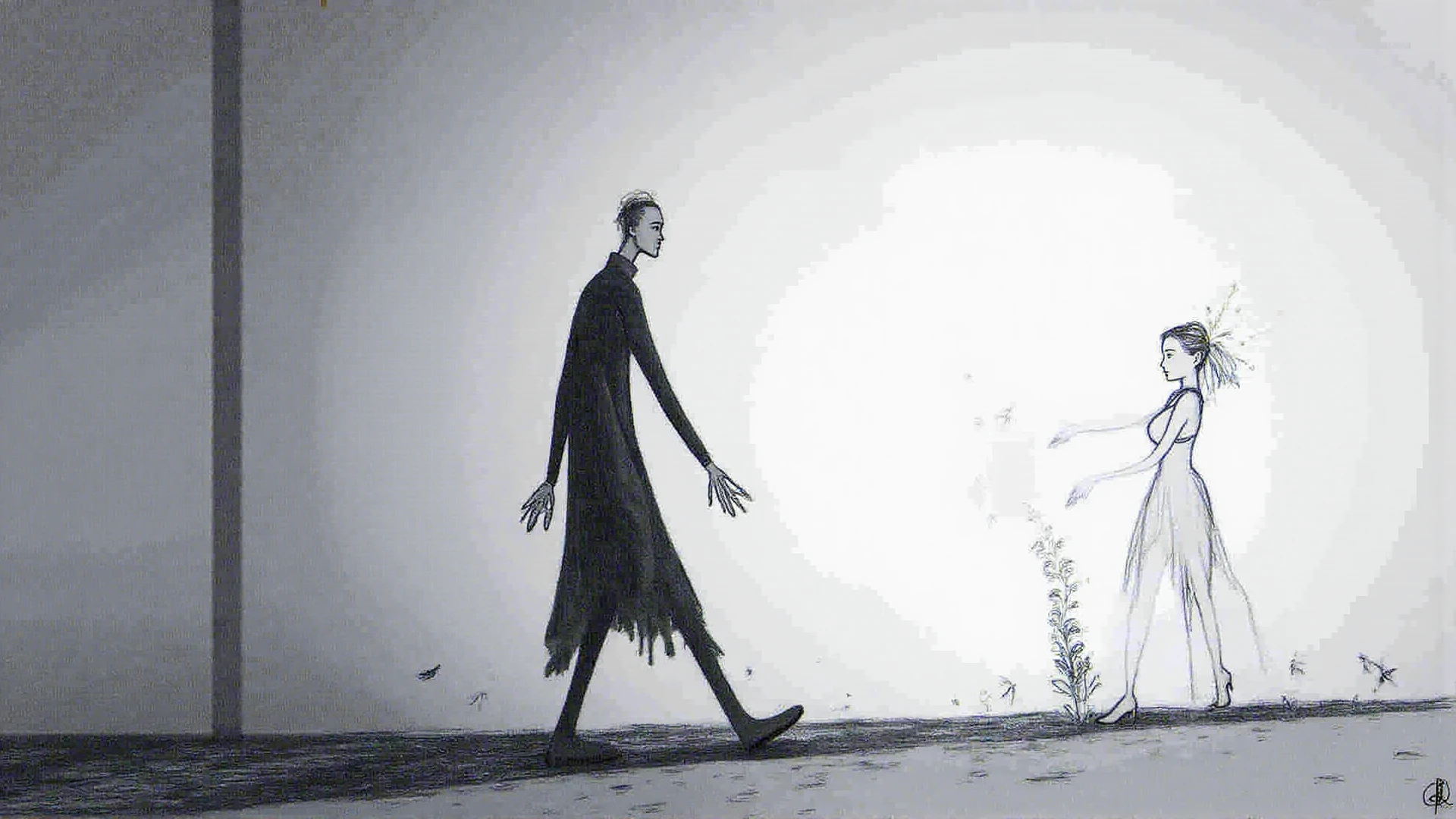 Stick-man walking calmly, shadow aura following naturally, woman drawn ...