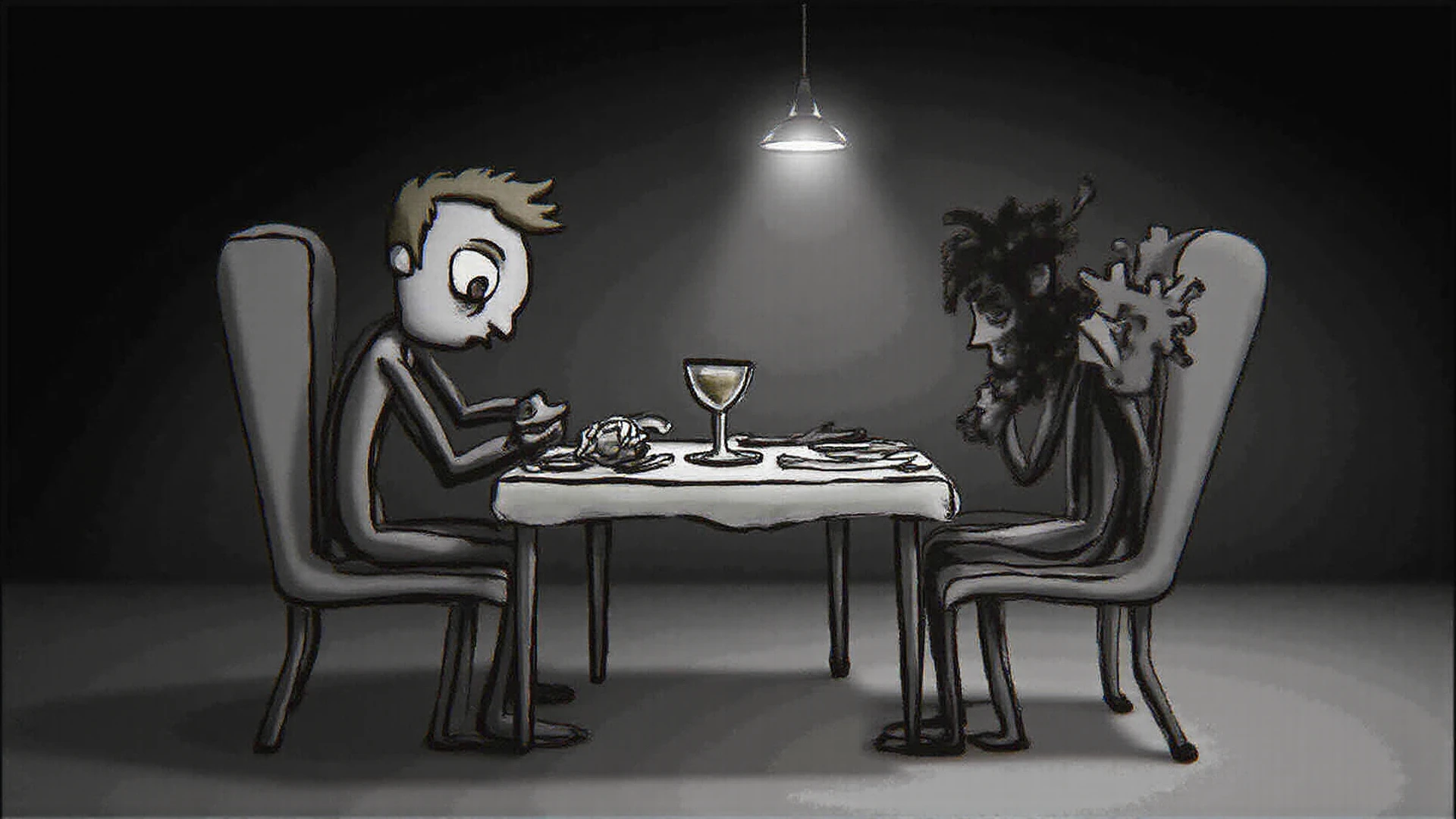 A stick-man sitting at a dinner table while a female stick-figure ...