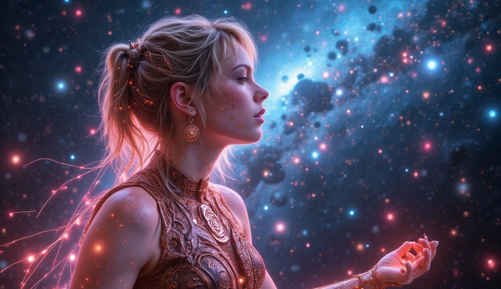 "A futuristic female figure singing under a glowing nebula sky - SeaArt AI