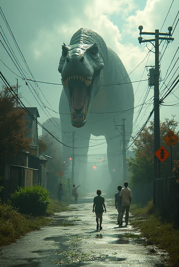 Daylight scene. Two massive dinosaurs attack a house; one steps on the ...