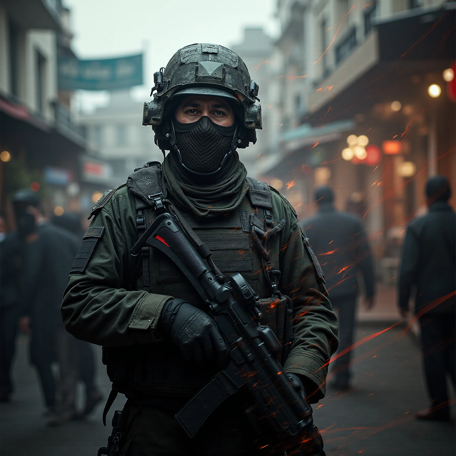 In this quadruple exposure 8K image, a soldier in full tactical gear is ...