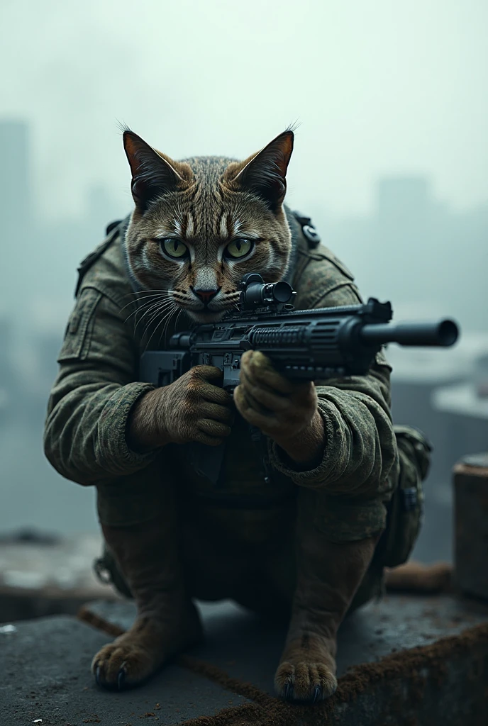 “Sniper cat lying on a rooftop, camouflaged in military suit - SeaArt AI
