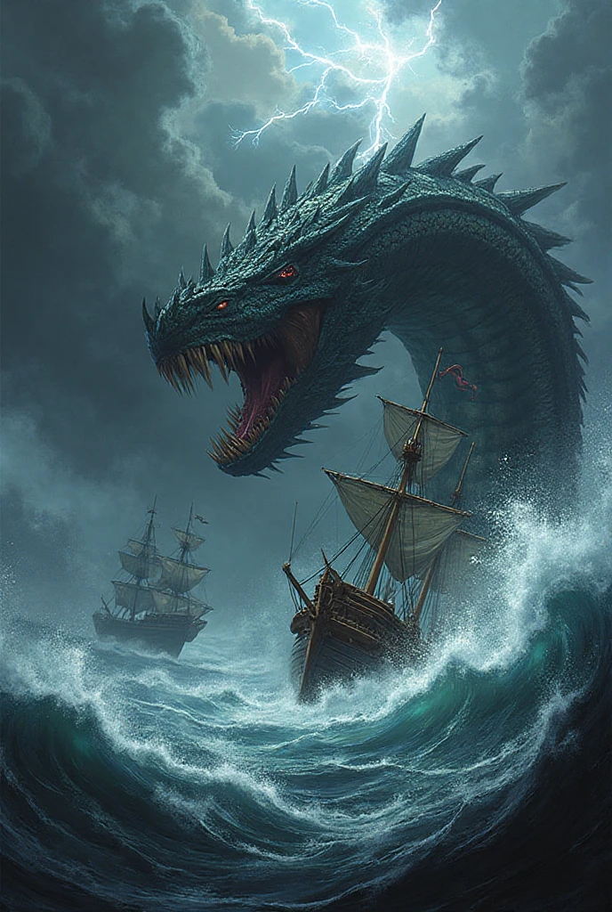 An immense sea serpent with a dragon's head attacks a ship that has two ...