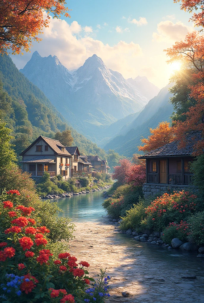 Small village by the river, mountains behind, colorful flowers - SeaArt AI