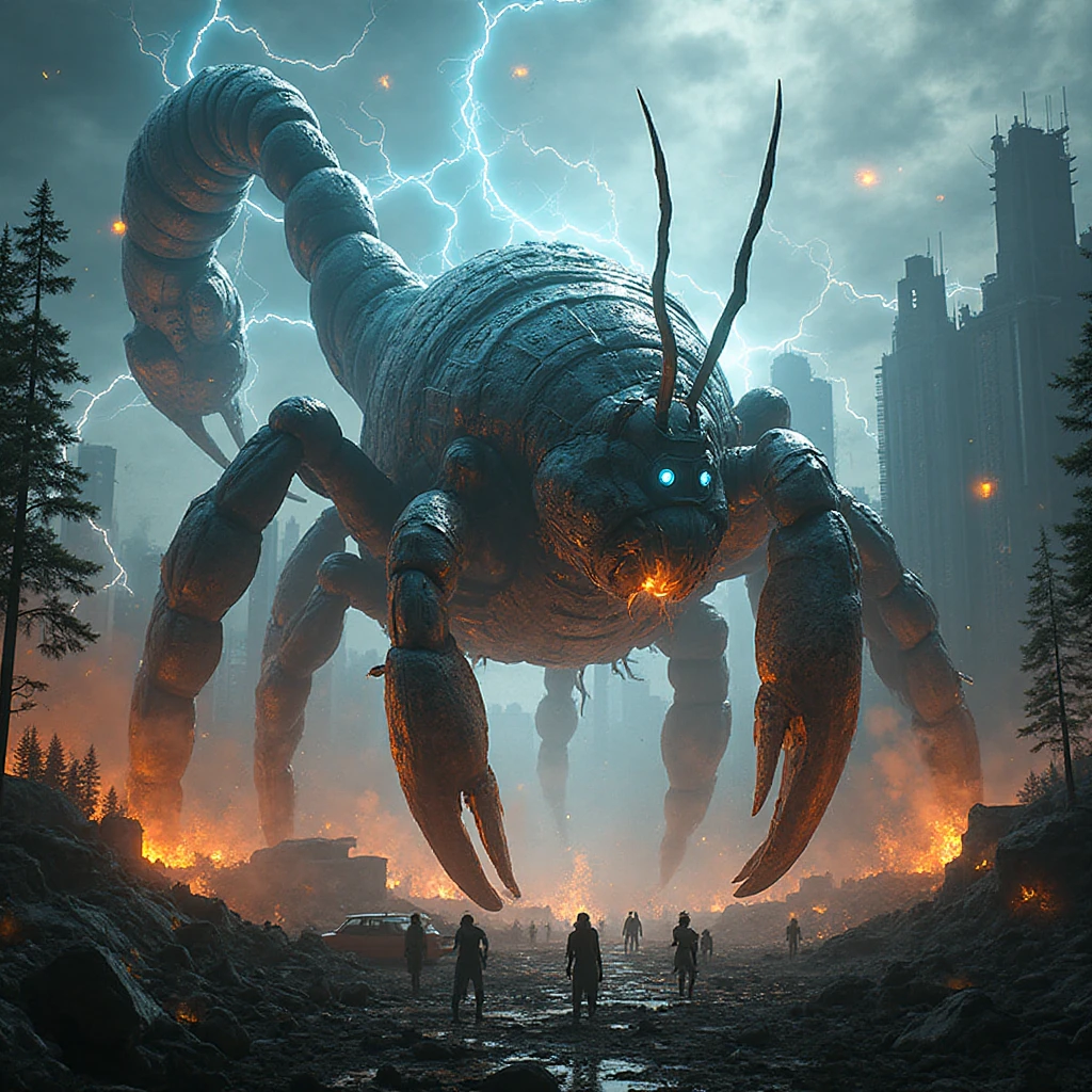 A massive, hyper-realistic scorpion kaiju, fused with the godly might ...