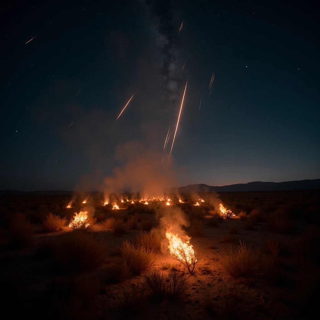 Shot 1: Bright meteors with fiery trails descend across the night sky ...