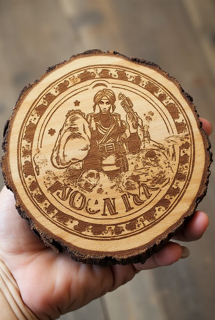 Simple and decorative Fortnite pyrography design on a 10 cm wooden disc ...
