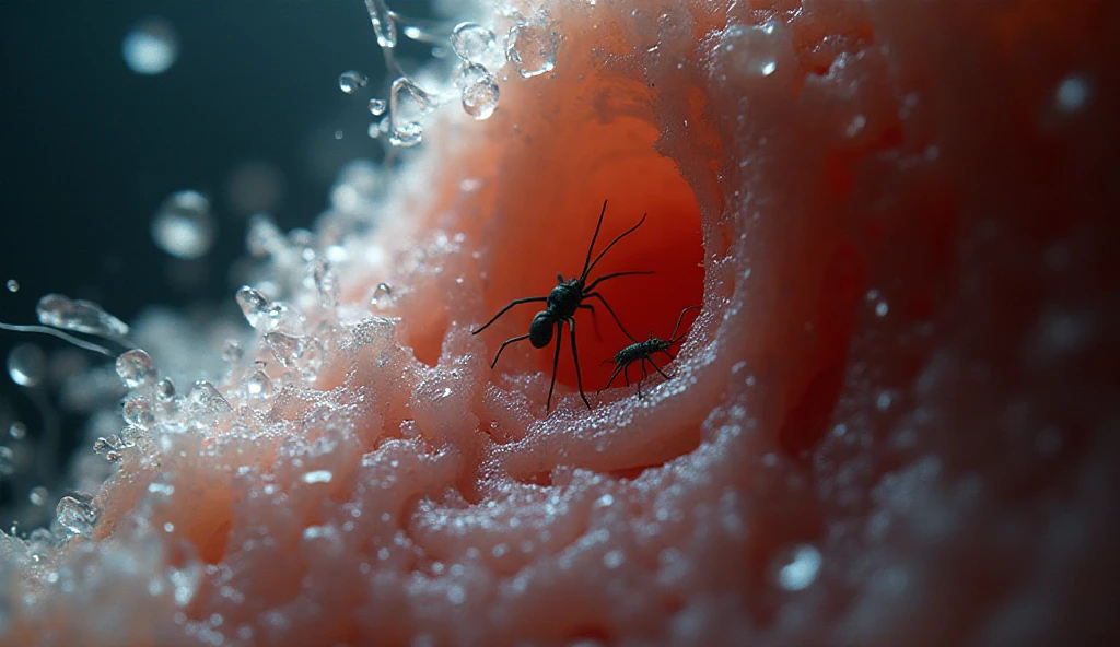 Extreme close-up of human skin with microscopic mites crawling in pores ...