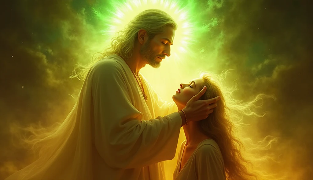 A powerful spiritual scene showing a divine male figure with a serene ...