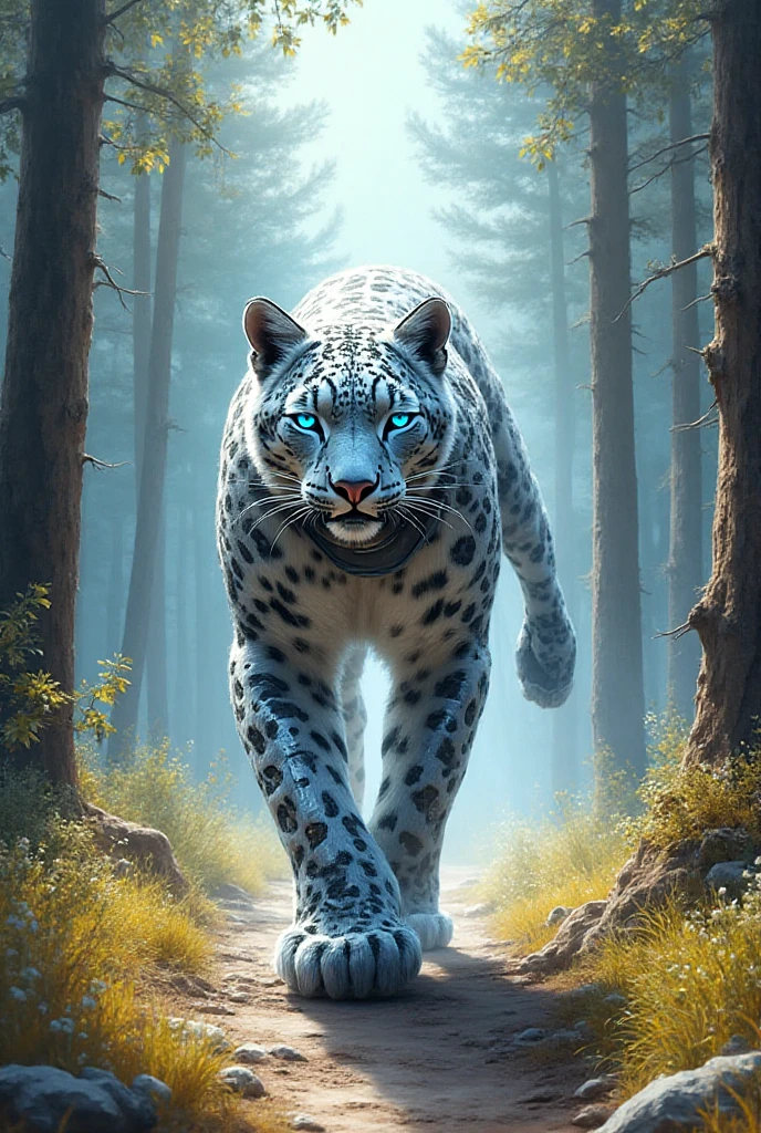 Painting, depicting a cybernetic snow leopard with shimmering metallic ...