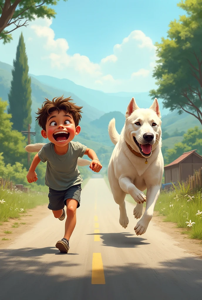 The boy runs excitedly along the road with a white dog of the Dogo ...