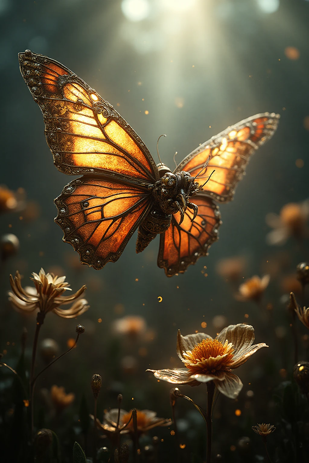 A majestic mechanical butterfly fluttering in a surreal metallic garden ...
