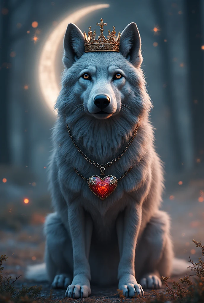 A wolf in a crown with a heart pendant, on the left above him is a ...