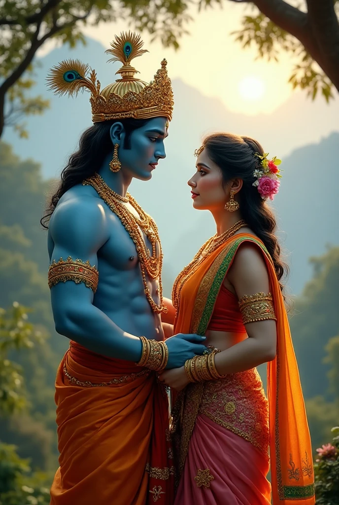 "A divine romantic scene of Hindu deities Radha and Krishna standing ...