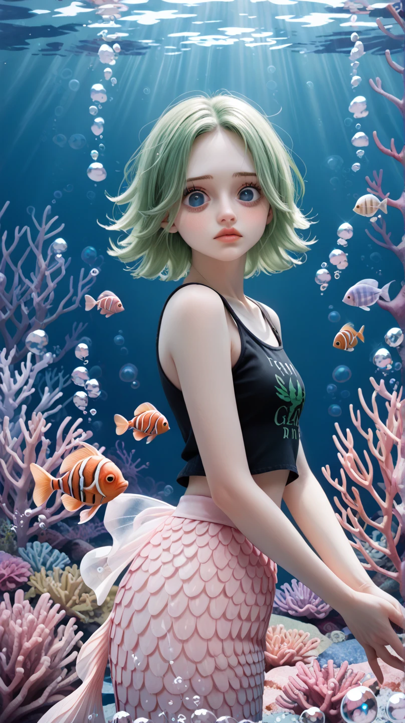 Semi-surreal style anime mermaid, oval face with big round bright gray ...