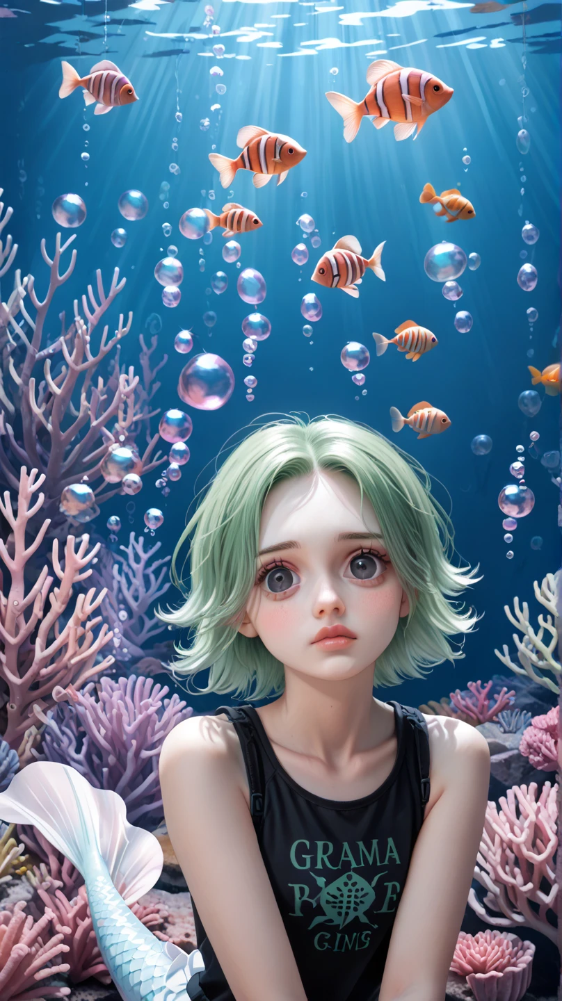 Semi-surreal style anime mermaid, oval face with big round bright gray ...