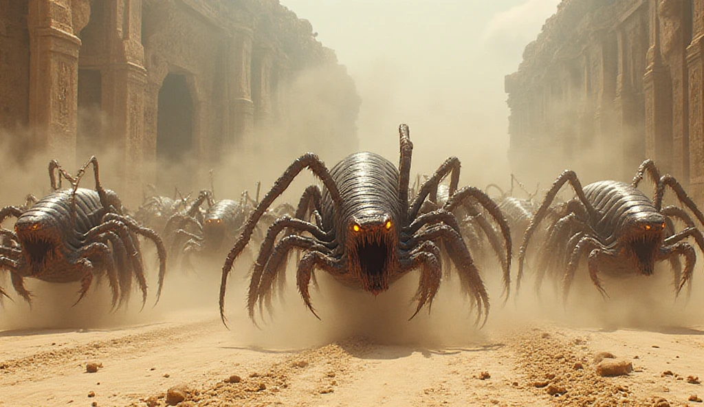 Monster centipedes charging into the arena with dust clouds. - SeaArt AI