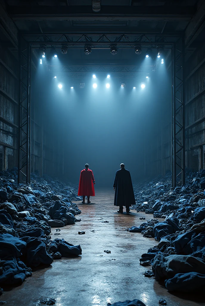 Superman and Batman in lego art, nightA large empty fashion stage in an ...