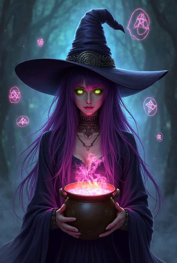 Modern witch, portrait from head to waist, long purple hair, pointy ...