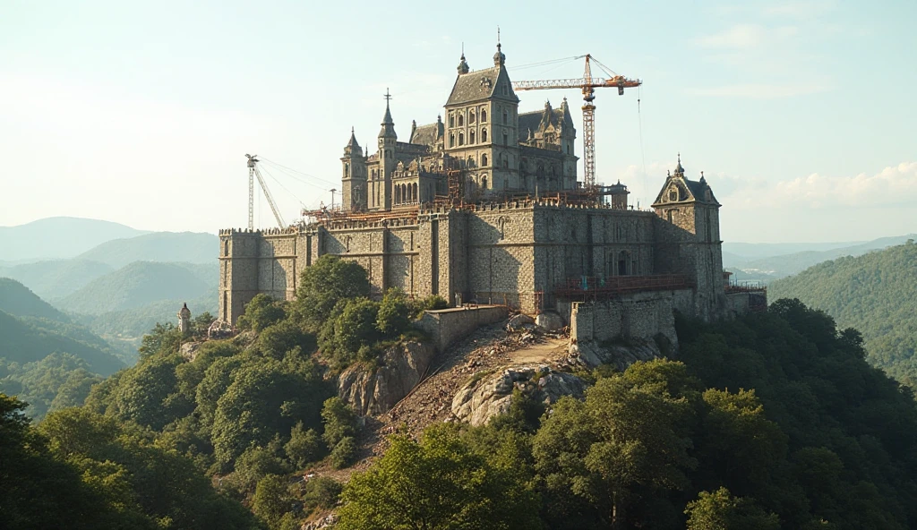 "A grand construction scene of a 19th-century castle being built atop a ...