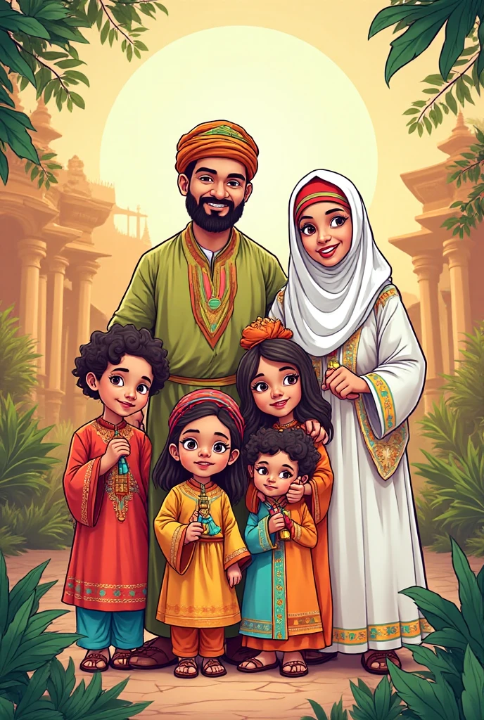 A cartoon coloring picture of an Omani Muslim family consisting of 3 ...