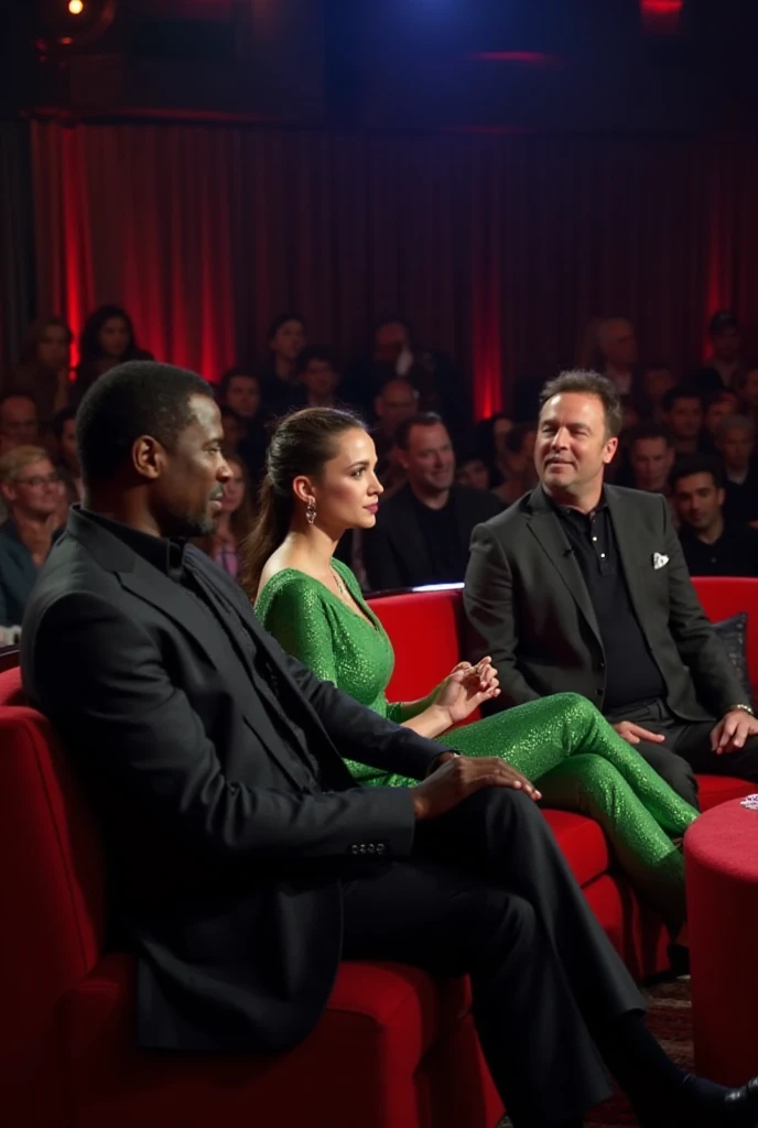 A sleek television talk show set with dramatic lighting — the famous ...