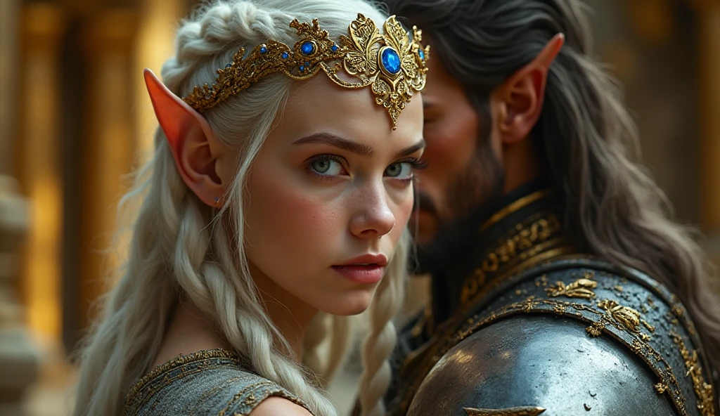 A dramatic fantasy scene set in an ancient elven kingdom. A young ...