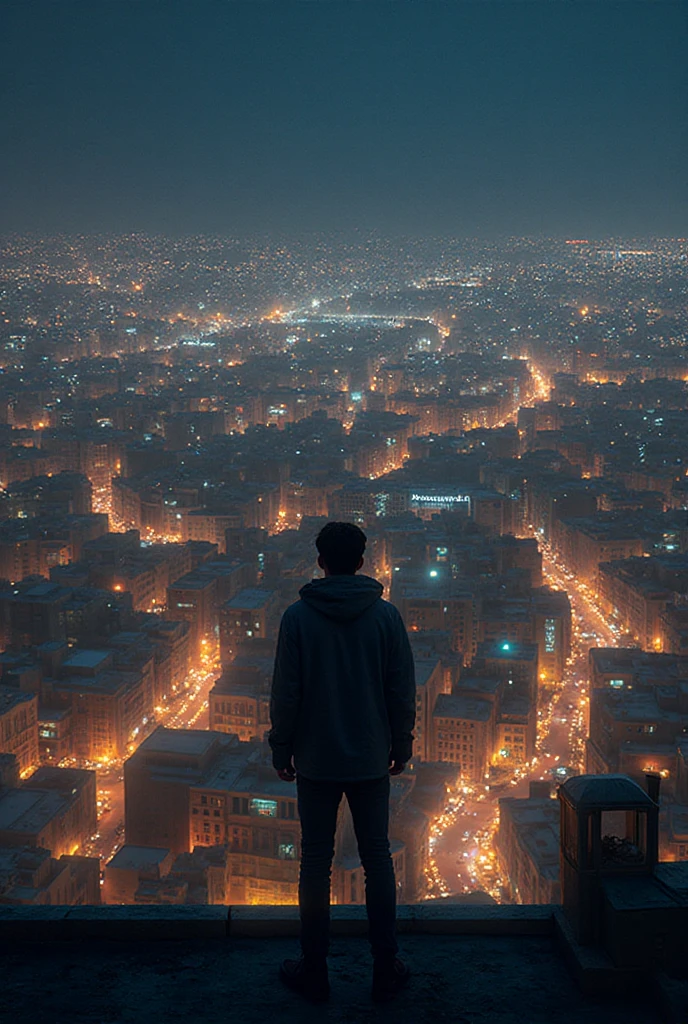 A young man standing on the roof of a building at night sees the whole city from - SeaArt AI
