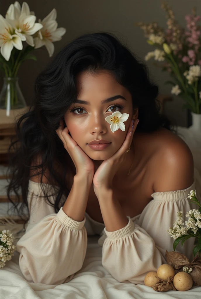 A serene, photorealistic portrait of a woman inspired by the reference ...