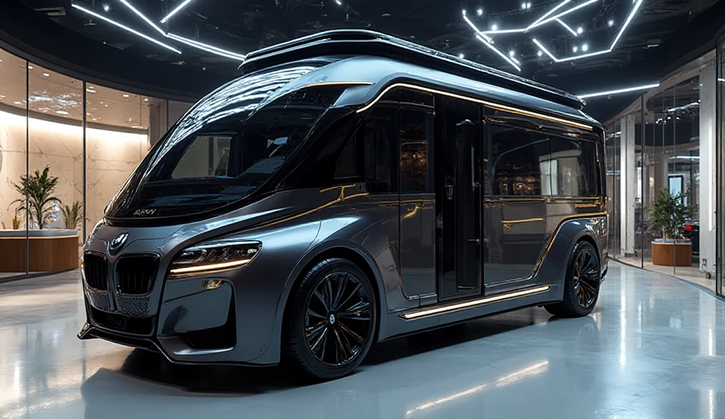 “Ultra-realistic futuristic BMW Camper Motorhome 2026, designed in dark ...