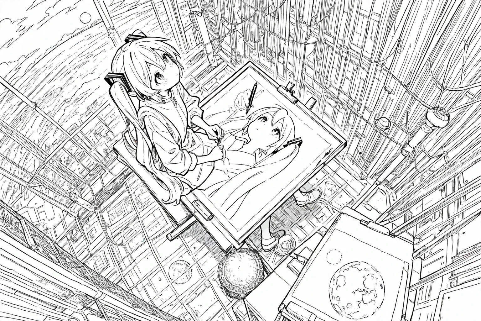 Hatsune Miku, sitting, Drawing on a canvas, on the moon, looking up ...
