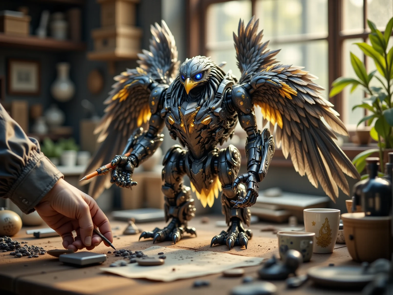 Ingenious Javan Hawk-Eagle Mecha helper, immersive workshop perspective ...