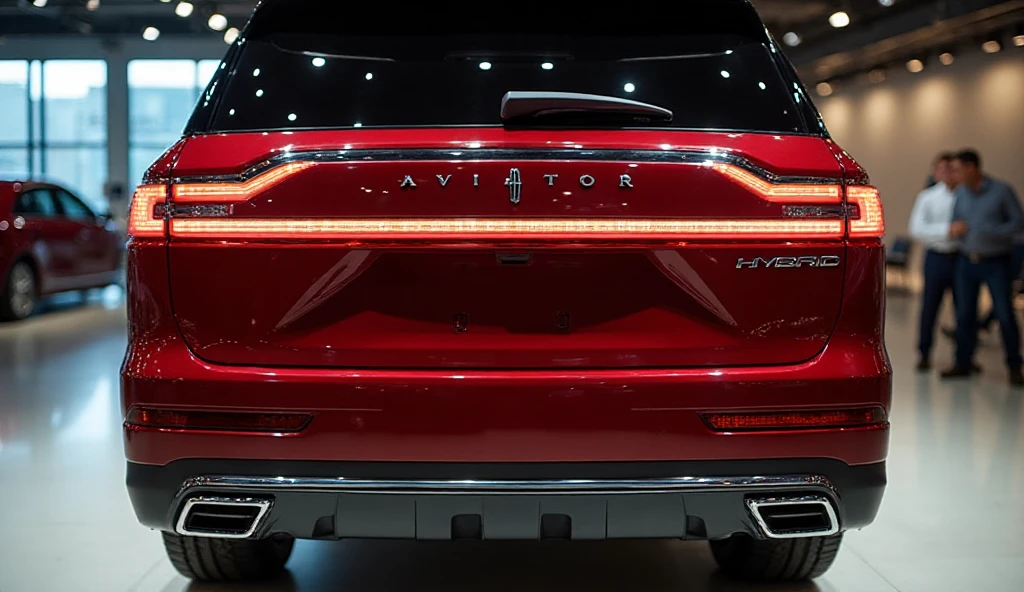 A detailed rear showroom view of the 2026 red Lincoln Aviator Hybrid ...