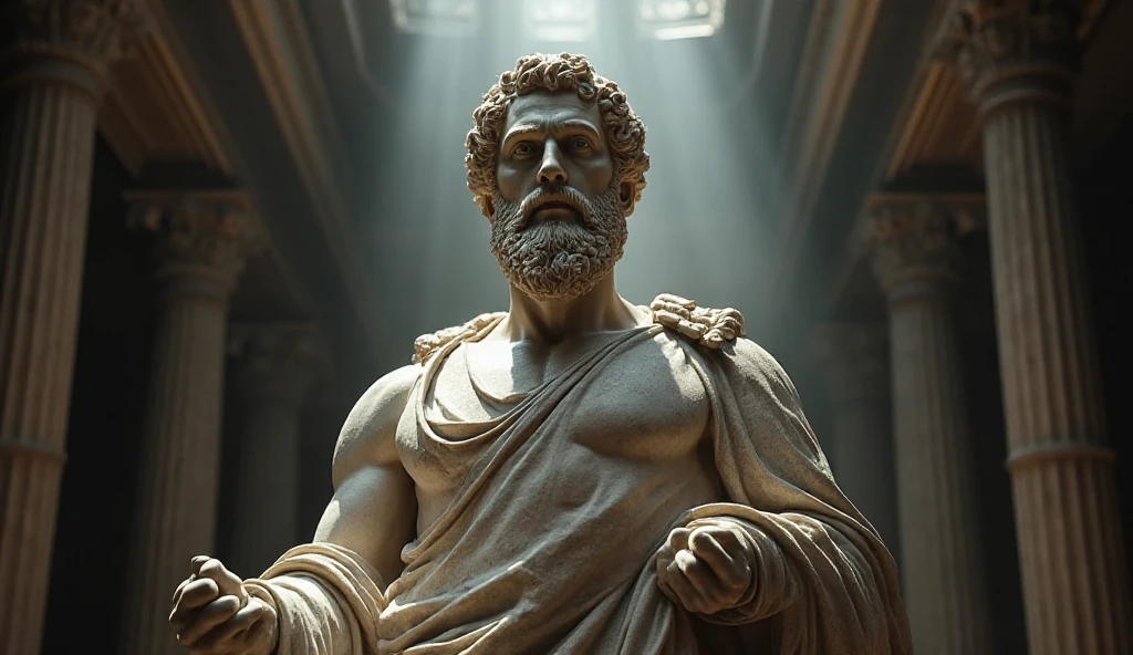 A realistic marble statue of Marcus Aurelius, bearded, muscular - SeaArt AI
