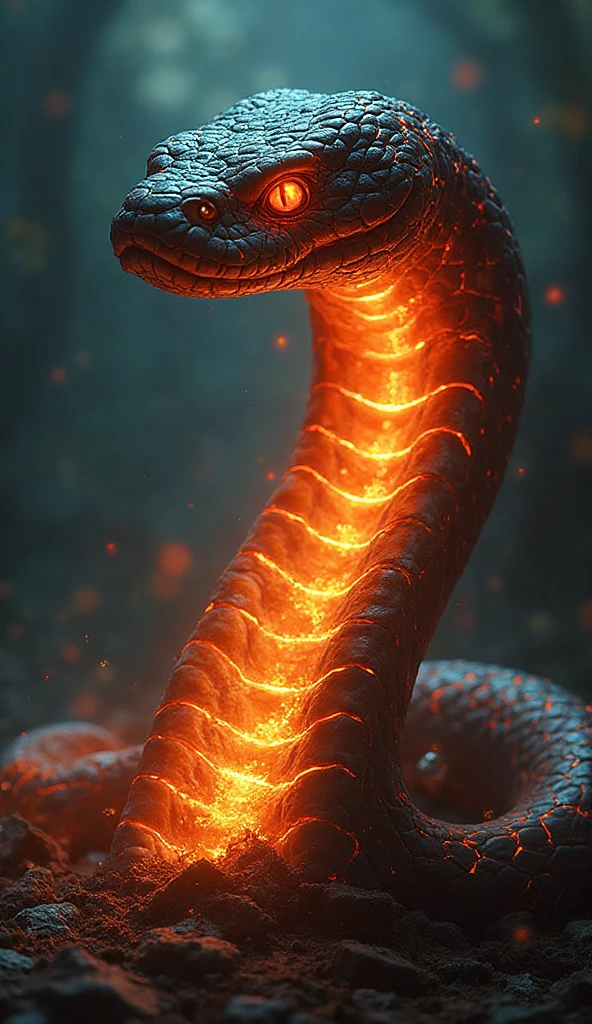 A snake fused with orange, body cracked open with glowing juicy veins ...