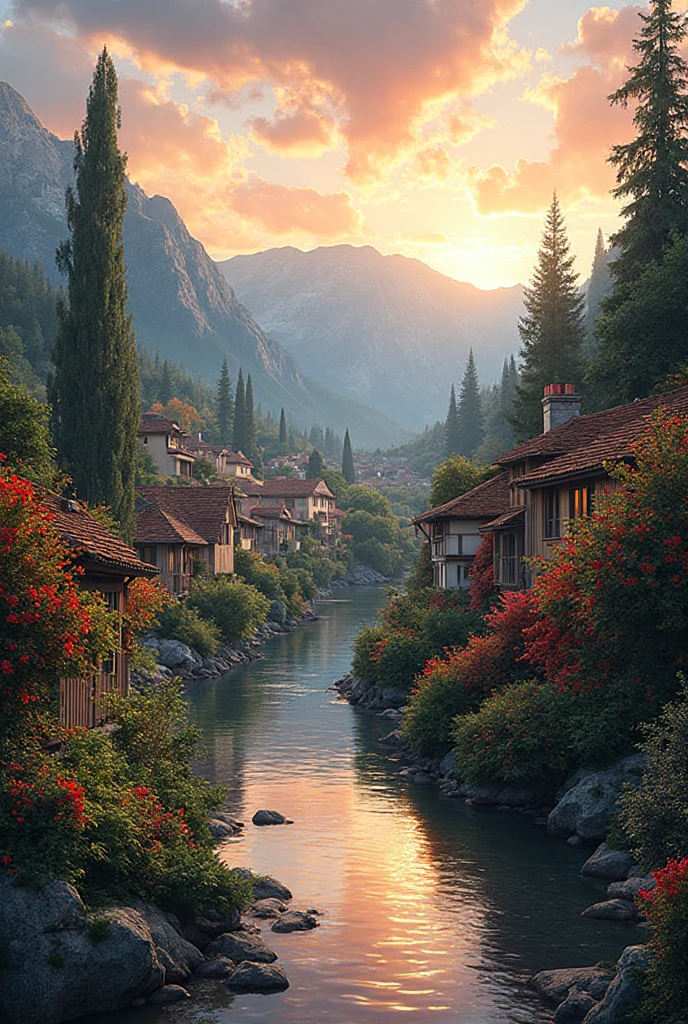 A small town by the river, mountains in the background, flores florales ...