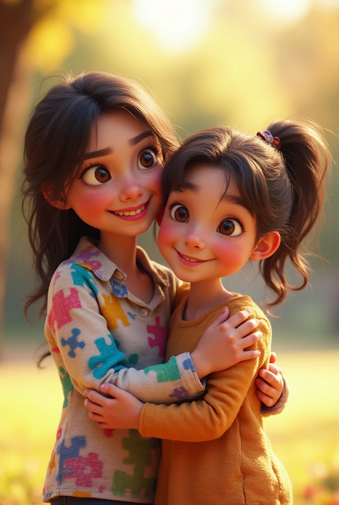 “A loving mother hugging her autistic daughter, both wearing colorful ...