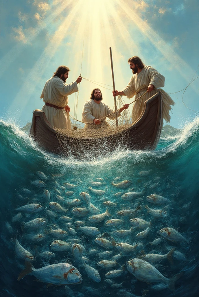 Painting of Jesus is helping fishermen in a boat pulling the net full ...