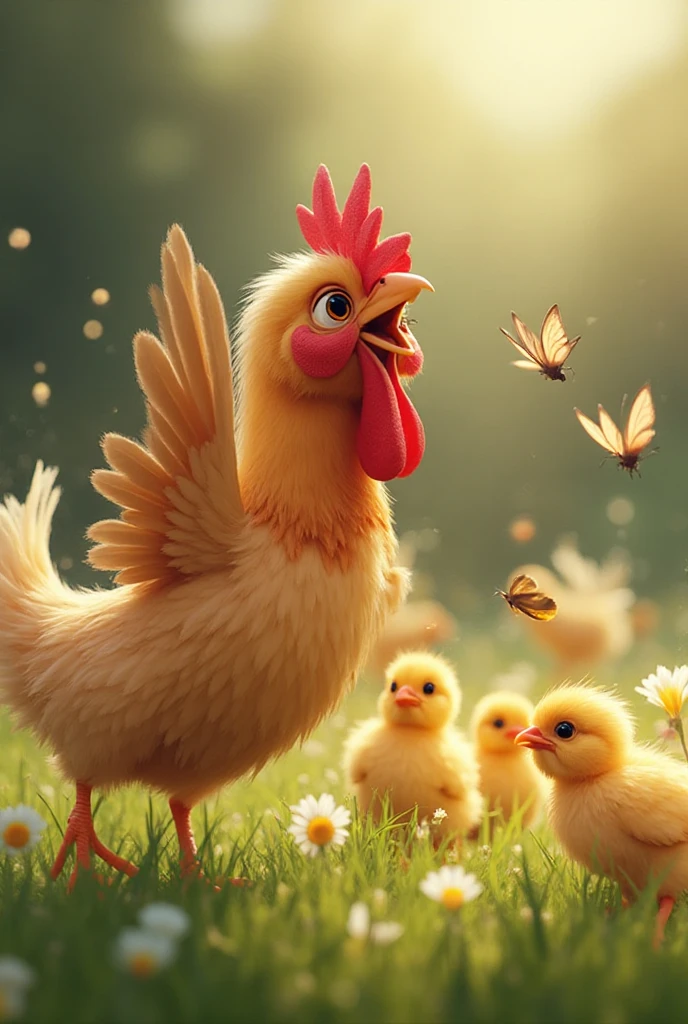 Close-up of the mother hen happily clucking with her beak moving ...