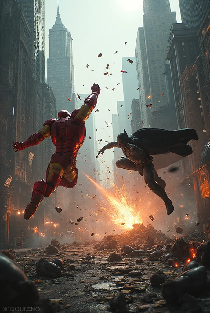 Create an image of Iron Man fighting Batman in a city half New York ...
