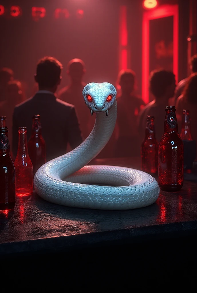 A red-eyed white snake on a counter with demonic drink bottles at a ...