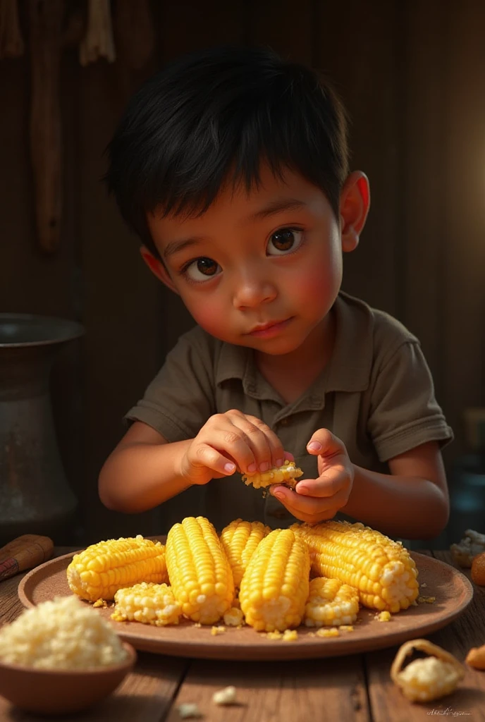 I need an image of a boy who is in the kitchen shelling a parboiled ...