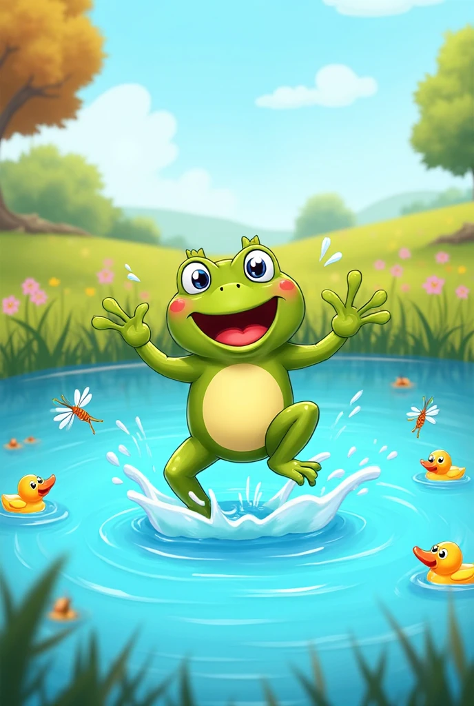 "Cartoon frog happily jumping from a grassy meadow into a shiny blue ...