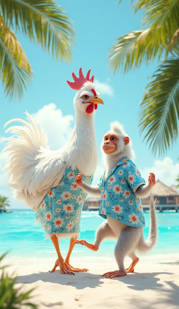 A giant white chicken, a monkey,wearing clear matching blue Floral ...
