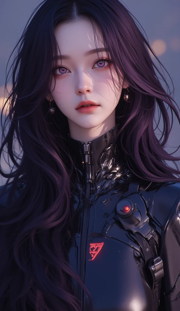 AI woman in a tight matte black cyberpunk suit, with red glowing ...