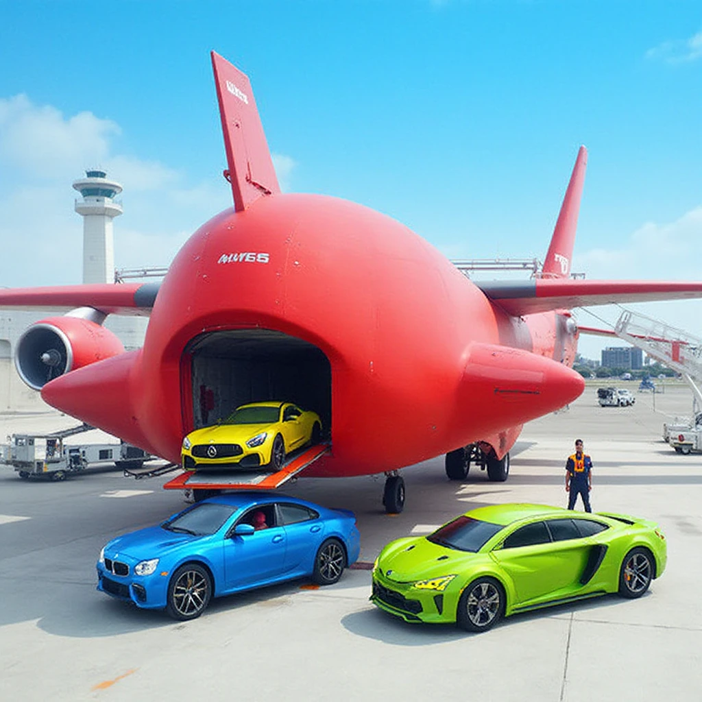 A bright red cargo plane is shown at an airport, with its rear hatch ...
